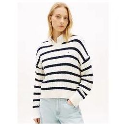 Strickpullover Tommy Hilfiger "CO CABLE MID GG RLX LS V-NK SWT", Damen, Gr. S (36/38), ivory petal, schwarz n navy stp, Strick, Obermaterial: 100% Baumwolle, gestreift, relaxed fit normal, V-Ausschnitt, Pullover Strickpullover, mit Zopfmuster