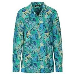 Kurzarmbluse GOLDNER "Kurzgr&ouml;&szlig;e Blusenshirt mit floralem Print", Damen, Gr. 21, salbei, blau, gemustert, Obermaterial: 100% Viskose CV., figurumspielend, Blusen, figurschmeichelnde Schnittf&uuml;hrung