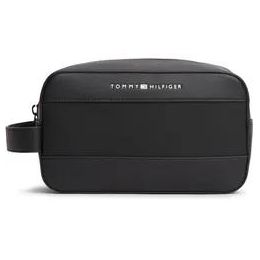 Kulturbeutel Tommy Hilfiger "TH FOUNDATION WASHBAG", Gr. B/H/T: 21cm x 12,5cm x 10cm, schwarz, Lederimitat, Taschen Kulturbeutel, Unisex Kosmetiktasche, Waschbeutel mit farbiger Pasepelierung