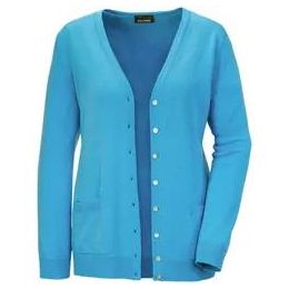 Strickjacke GOLDNER "Kurzgr&ouml;&szlig;e Uni Merino-Cardigan Langarm", Damen, Gr. 25, blau (t&uuml;rkis), Obermaterial: 100% Schurwolle WV., Basic, normal, V-Ausschnitt, Rippe, Strickjacken Strickjacke, Rippenb&uuml;ndchen