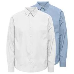 Only & Sons Langarmhemd ONLY & SONS "ONSFLORIA LIFE LS POPLIN SHIRT 2-PKT OTL", Herren, Gr. M, N-Gr, cashmere blau pack:wei&szlig;, Web, Obermaterial: 65% Polyester, 35% Baumwolle, unifarben, slim fit normal, Hemden
