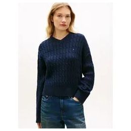 Strickpullover Tommy Hilfiger "CO CABLE MID GG RLX LS V-NK SWT", Damen, Gr. S (36/38), schwarz night navy, Strick, Obermaterial: 100% Baumwolle, unifarben, relaxed fit normal, V-Ausschnitt, Pullover Strickpullover, mit Zopfmuster