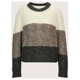 Madeleine Mode Longpullover MADELEINE "Strickpullover Eleganter Wollpullover mit Zopfmuster", Damen, Gr. 36/38, wei&szlig; (wollwei&szlig;, cappuccino, bleigrau, melange), Obermaterial: 42% Wolle mw. 28% Alpaka WP. 25% Polyamid PA. 4% Viskose CV. 1% metallisierte Fasern MTF., Modern, Pullover Longpullover, Zopfmuster und Blockstreifen