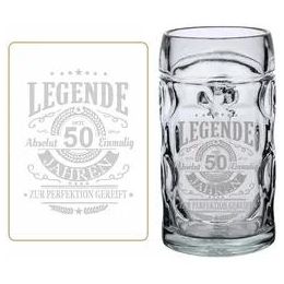 Bierkrug LUXENTU "Bierkrug mit Gravur Legende seit 50 Jahren 0,5 Liter transparent", bunt (transparent), 1 tlg., Glas, Trinkgef&auml;&szlig;e