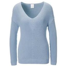 Madeleine Mode Longpullover MADELEINE "Pullover Langarm-Pullover mit V-Ausschnitt", Damen, Gr. 44/46, blau (bleu), Obermaterial: 100% Baumwolle CO., Modern, Pullover Longpullover, Markante Rippstruktur