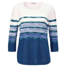 Rundhalspullover GOLDNER "Kurzgr&ouml;&szlig;e Leichter Pullover mit Ringelmuster", Damen, Gr. 24, blau (royalblau, gemustert), Obermaterial: 55% Polyacryl PAN. 45% Baumwolle CO., normales B&uuml;ndchen, Pullover Rundhalspullover, Taille abw&auml;rts aus Ajourstrick