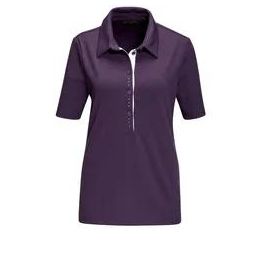 Poloshirt GOLDNER "Kurzgr&ouml;&szlig;e Pikee-Poloshirt", Damen, Gr. 21, lila (dunkle pflaume), Obermaterial: 97% Polyester PES. 3% Elasthan EL., normales B&uuml;ndchen, Shirts, Lange Knopfleiste mit funkelnden Strassteinen