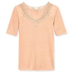 Madeleine Mode Kurzarmshirt MADELEINE "Shirt Kurzarm-Shirt aus Leinen mit feinem Spitzen-Akzent", Damen, Gr. 36, orange (pfirsich), Obermaterial: 100% Leinen LI., Modern, normal, V-Ausschnitt, Shirts