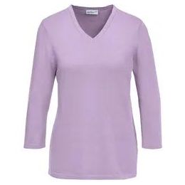 Rundhalspullover GOLDNER "Pullover in hochwertiger Qualit&auml;t", Damen, Gr. 42, lila (flieder), Obermaterial: 100% Baumwolle CO., V-Ausschnitt, weit normales B&uuml;ndchen, Pullover Rundhalspullover, Glitzersteine am V-Ausschnitt
