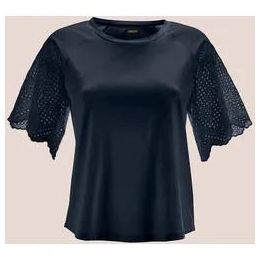 Madeleine Mode Shirtbluse MADELEINE "Blusenshirt Kurzes Blusen-Shirt im Material-Mix", Damen, Gr. 40, blau (marine), Obermaterial: 95% Baumwolle CO. 5% Elasthan EL., Modern, normal, Blusen