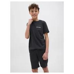 Jack & Jones T-Shirt JACK & JONES JUNIOR "JACEVEREST SS TEE AND SHORTS SET W JNR", Jungen, Gr. 128, schwarz pack:schwarz shorts, Single Jersey, Obermaterial: 60% Baumwolle, 40% Polyester, bedruckt, regular fit normal, Rundhals, Shirts T-Shirt
