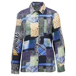 Klassische Bluse GOLDNER "Patchworkbluse mit Allover-Druck", Damen, Gr. 46, blau (marine, gemustert), Obermaterial: 100% Viskose CV., figurumspielend, Manschette, Blusen, Knopfleiste