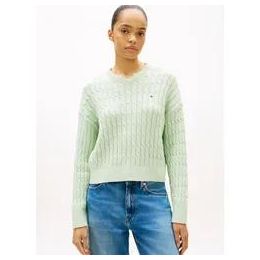 Strickpullover Tommy Hilfiger "CO CABLE MID GG RLX LS V-NK SWT", Damen, Gr. XS (34), gentle jade, Strick, Obermaterial: 100% Baumwolle, unifarben, relaxed fit normal, V-Ausschnitt, Pullover Strickpullover, mit Zopfmuster