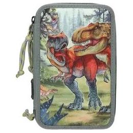 Buntstift Depesche "3-Fach Federtasche BITE inkl. Stifte Dino World 20 x 13 x 7,5 cm grau-gr&uuml;n", Kinder, bunt (grau, gr&uuml;n), Kunststoff, Stifte