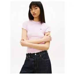 Tommy Hilfiger T-Shirt TOMMY JEANS "TJW SLIM LETTUCE EDGE RIB SS", Damen, Gr. XS (34), pearly pink, Single Jersey, Obermaterial: 95% Baumwolle, 5% Elasthan, unifarben, slim fit, V-Ausschnitt, Shirts T-Shirt, mit gerippter Struktur