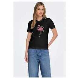 Kurzarmshirt Only "ONLKITA REG S/S PRINT TOP NOOS", Damen, Gr. XS, schwarz print:flamingle, Jersey, Obermaterial: 100% Baumwolle, bedruckt, regular fit normal, Rundhals, Shirts