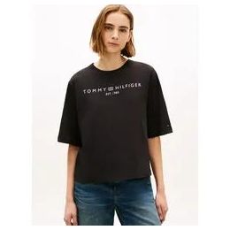 Langarmshirt Tommy Hilfiger "CORP LOGO TRAPEZE C-NK TEE", Damen, Gr. XL (46), schwarz, Single Jersey, Obermaterial: 100% Baumwolle, unifarben, regular fit, Rundhals, Shirts Langarmshirt