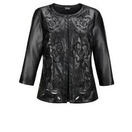 Kurzjacke GOLDNER "Kurzgr&ouml;&szlig;e Kurzjacke in Lederoptik mit Lochstickerei", Damen, Gr. 19, schwarz, Obermaterial: 50% Polyester PES. 50% Polyurethan PU., gerade, Tubular, Jacken Kurzjacke, Mit floraler Lochstickerei