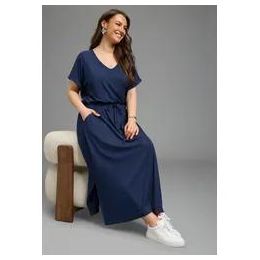 Jerseykleid LAURA SCOTT CURVE, Damen, Gr. 52, N-Gr, navy, Single Jersey, Obermaterial: 94% Viskose, 6% Elasthan, unifarben, figurumspielend kn&ouml;chellang, V-Ausschnitt, angeschnitten Aufschlag, Kleider Jerseykleid, in Midil&auml;nge, V-Ausschnitt, praktische Eingrifftaschen