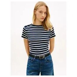 Kurzarmshirt Tommy Hilfiger "GOLD BUTTON SLIM SS TEE", Damen, Gr. M (40), breton stripe schwarz night, ecru, Single Jersey, Obermaterial: 100% Baumwolle, gestreift, slim fit, Shirts