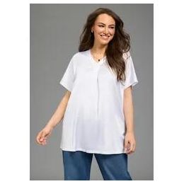 Satinbluse LAURA SCOTT CURVE, Damen, Gr. 56/58, wei&szlig;, Satin, Obermaterial: 100% Polyester. R&uuml;ckenteil: 94% Viskose, 6% Elasthan, figurumspielend Po-bedeckend, V-Ausschnitt, angeschnitten, Blusen, figurumspielende Passform, mit Falteneinsatz vorne, V-Ausschnitt