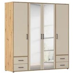 Dreht&uuml;renschrank Rauch "Kleiderschrank Schrank Garderobe W&auml;scheschrank VOYAGER", beige (champagner), eiche artisan, B:187cm H:194cm T:53cm, Holzwerkstoff, Schr&auml;nke, Dreht&uuml;renschrank, mit modernen Griffen in Graumetallic, inkl. Schubk&auml;sten und Spiegel