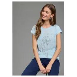 T-Shirt Laura Scott, Damen, Gr. 44/46, hellblau, Web, Obermaterial: 100% Polyester, Glitzermuster, figurumspielend h&uuml;ftlang, U-Boot-Ausschnitt, Shirts T-Shirt, mit Glitzerdurck und Leinen-Optik