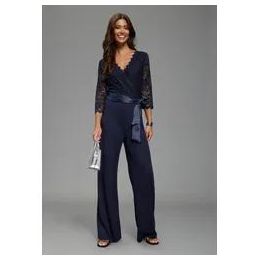 Jumpsuit Laura Scott, Damen, Gr. 42, N-Gr, navy, Milano Rib, Obermaterial: 70% Viskose, 25% Polyester, 5% Elasthan. Spitze: 92% Polyamid, 8% Elasthan, leicht transparent, unifarben, figurbetont lang, V-Ausschnitt, Overalls Jumpsuit, mit Spitzenoberteil und Satin-Bindeg&uuml;rtel