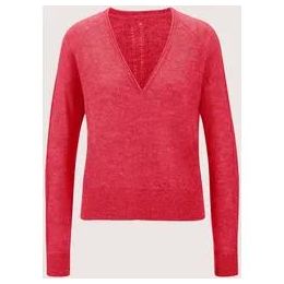 Madeleine Mode Longpullover MADELEINE "Pullover V-Pullover mit Pointelle-Muster", Damen, Gr. 40/42, rot (rot, melange), Obermaterial: 55% Leinen LI. 45% Baumwolle CO., Modern, normal, V-Ausschnitt, Pullover Longpullover