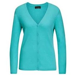 Strickjacke GOLDNER "Kurzgr&ouml;&szlig;e Weiche Kaschmirstrickjacke mit V-Ausschnitt", Damen, Gr. 25, blau (aqua), Obermaterial: 100% Kaschmir WS., V-Ausschnitt, Rippe, Strickjacken Strickjacke, Ohne