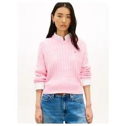Strickpullover Tommy Hilfiger "CO CABLE MID GG RLX LS V-NK SWT", Damen, Gr. L (42/44), classic pink, Strick, Obermaterial: 100% Baumwolle, unifarben, relaxed fit normal, V-Ausschnitt, Pullover Strickpullover, mit Zopfmuster