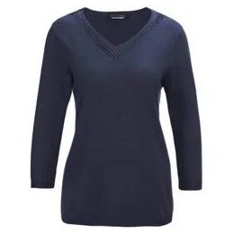 Rundhalspullover GOLDNER "Kurzgr&ouml;&szlig;e Baumwollpullover mit Ajour-Details", Damen, Gr. 19, blau (marine), Obermaterial: 50% Baumwolle CO. 50% Polyacryl PAN., V-Ausschnitt, weit Rippe, Pullover Rundhalspullover, Mit h&uuml;bschen Ajourdetails am V-Ausschnitt