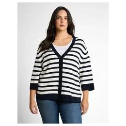 Cardigan Tom Tailor PLUS, Damen, Gr. 50, wei&szlig; sky blau knit stripe, Strick, Obermaterial: 85% Viskose, 15% Polyamid, gestreift, loose fit normal, V-Ausschnitt, Rippb&uuml;ndchen, Strickjacken, mit Streifen Muster