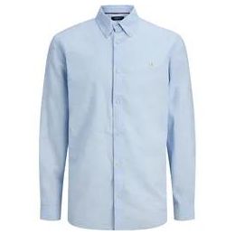 Jack & Jones Langarmhemd JACK & JONES "JPRBLUSUMMER LINEN BLEND SHIELD LS SHIRT", Herren, Gr. M, N-Gr, chambray blau fit:regular fit, Web, Obermaterial: 70% Baumwolle, 30% Leinen, unifarben, regular fit normal, Hemden