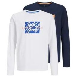 Jack & Jones T-Shirt JACK & JONES JUNIOR "JJCOLTON TEE LS CREW NECK 2PK MP JNR", Jungen, Gr. 152, wei&szlig; pack:wei&szlig;, sky captain, Single Jersey, Obermaterial: 100% Baumwolle, bedruckt, regular fit normal, Rundhals, Shirts T-Shirt