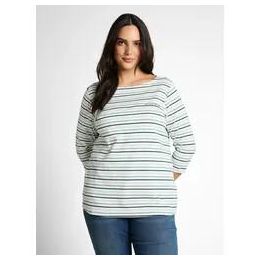 T-Shirt Tom Tailor PLUS, Damen, Gr. 44, blau haze multicolor stripe, Single Jersey, Obermaterial: 97% Baumwolle, 3% Elasthan, bedruckt, gestreift, regular fit normal, U-Boot-Ausschnitt, gerader Abschluss, Shirts T-Shirt, mit Schriftzug