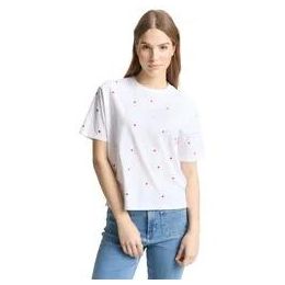 T-Shirt Tom Tailor DENIM, Damen, Gr. S, wei&szlig; rot heart embroidery, Jersey, Obermaterial: 100% Baumwolle, bedruckt, regular fit normal, Rundhals, gerader Abschluss, Shirts T-Shirt, mit All-Over Print