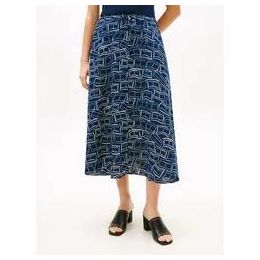 A-Linien-Rock Tommy Hilfiger "ESS LINEN FLARE MIDI SKIRT", Damen, Gr. XS (34), flag feathers schwarz night navy, Web, Obermaterial: 100% Leinen, bedruckt, ausgestellt wadenlang, R&ouml;cke A-Linien-Rock, mit Allover-Print