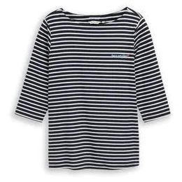 T-Shirt Tom Tailor PLUS, Damen, Gr. 50, navy blau sanftes wei&szlig; stripe, Single Jersey, Obermaterial: 97% Baumwolle, 3% Elasthan, bedruckt, gestreift, regular fit normal, U-Boot-Ausschnitt, gerader Abschluss, Shirts T-Shirt, mit Schriftzug