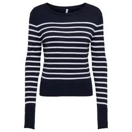 Strickpullover Only CARMAKOMA "CARVIVIA LIFE LS BUTTON DETAIL O-NECK", Damen, Gr. L, navy blazer stripes:hellwei&szlig;, gold button, Strick, Obermaterial: 82% Viskose, 16% Nylon, 2% Elasthan, gestreift, regular fit normal, Rundhals, Rippb&uuml;ndchen, Pullover Strickpullover