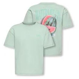 T-Shirt KIDS Only "KOGHELEN LIFE S/S LOOSE TEE JRS NOOS", M&auml;dchen, Gr. 146/152, aqua foam print:watermelon, Jersey, Obermaterial: 100% Baumwolle, bedruckt, unifarben, loose fit h&uuml;ftbedeckend, Rundhals, Shirts T-Shirt, mit gro&szlig;em R&uuml;ckendruck