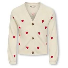 Strickjacke KIDS Only "KOGDANA LIFE LS HEART VNECK CARDIGAN KNT", M&auml;dchen, Gr. 134/140, tofu detail:emb barbados cherry, heart, Strick, Obermaterial: 50% Viskose, 27% Nylon, 23% Polyester, bestickt, unifarben, loose fit normal, V-Ausschnitt, Raglan&auml;rmel Strickb&uuml;ndchen, Strickjacken Strickjacke