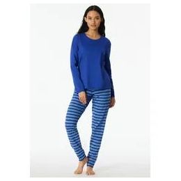 Schlafanzug Schiesser "Casual Essentials", Damen, Gr. 46, 819, blau, Single Jersey, Obermaterial: 100% Baumwolle, bequem lang, Rundhals, Homewear-Sets Schlafanzug, mit eingefasster, runder Halsausschnitt