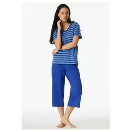 Schlafanzug Schiesser "Casual Essentials", Damen, Gr. 46, 819, blau, Single Jersey, Obermaterial: 100% Baumwolle, regular fit 3/4-L&auml;nge, V-Ausschnitt, Homewear-Sets Schlafanzug, mit modisch umgeschlagenen &Auml;rmeln