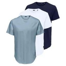 Only & Sons Rundhalsshirt ONLY & SONS "ONSMATT LONGY SS TEE 3-PACK", Herren, Gr. L, blau fog pack:1blaufog1brightwei&szlig;1peacoat, Single Jersey, Obermaterial: 100% Baumwolle, unifarben, relaxed fit normal, Rundhals, Shirts Rundhalsshirt, Baumwolle, lang geschnitten