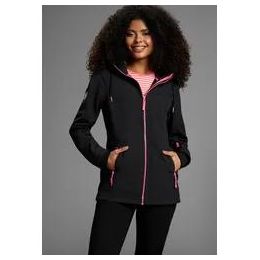 Softshelljacke OCEAN SPORTSWEAR "aus recyceltem Polyester", Damen, Gr. 38, schwarz, Softshell, Obermaterial: 96% Polyester, 4% Elasthan. Innenseite: 100% Polyester. Kapuzenfutter: 65% Baumwolle, 35% Polyester, kontrastfarbene Details, unifarben mit Farbeinsatz, h&uuml;ftbedeckend, hoch geschlossener Ausschnitt, Rippb&uuml;ndchen, Jacken Softshelljacke, atmungsaktiv, wasserabweisend, windabweisend, &Uuml;bergangs