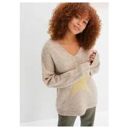 Strickpullover bonprix "Pullover mit Stern", Damen, Gr. 52/54 (XXL), braun (camel), Obermaterial: 53% Polyacryl, 22% Polyester, 15% Polyamid, 7% Wolle, 3% metallisierte Fasern, oversize, Pullover Strickpullover, mit metallisierten Fasern, mit Stern-Design, Oversize Passform