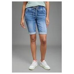 Jogg-Jeansbermudas Kangaroos, Damen, Gr. 50, N-Gr, light blau used, Denim/Jeans, Obermaterial: 59% Baumwolle, 40% Polyester, 1% Elasthan, unifarben, Basic, bequem kniefrei, Jeans 5-Pocket-Jeans, gerade geschnittenes Bein, elastischer Tunnelzugbund
