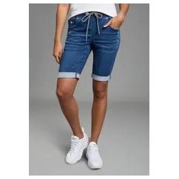 Jogg-Jeansbermudas Kangaroos, Damen, Gr. 46, N-Gr, dunkelblau used, Denim/Jeans, Obermaterial: 59% Baumwolle, 40% Polyester, 1% Elasthan, unifarben, Basic, bequem kniefrei, Jeans 5-Pocket-Jeans, gerade geschnittenes Bein, elastischer Tunnelzugbund