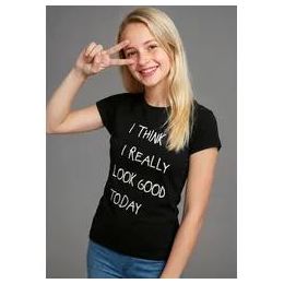 T-Shirt Kidsworld "L&auml;ssiger Spruch: I THINK I LOOK REALLY GOOD TODAY", M&auml;dchen, Gr. 128/134, schwarz, Single Jersey, Obermaterial: 100% Baumwolle, bedruckt, Basic, Rundhals, Shirts T-Shirt, f&uuml;r M&auml;dchen, Kurzarm, Rundhalsausschnitt, mit Statement-Spr&uuml;chen